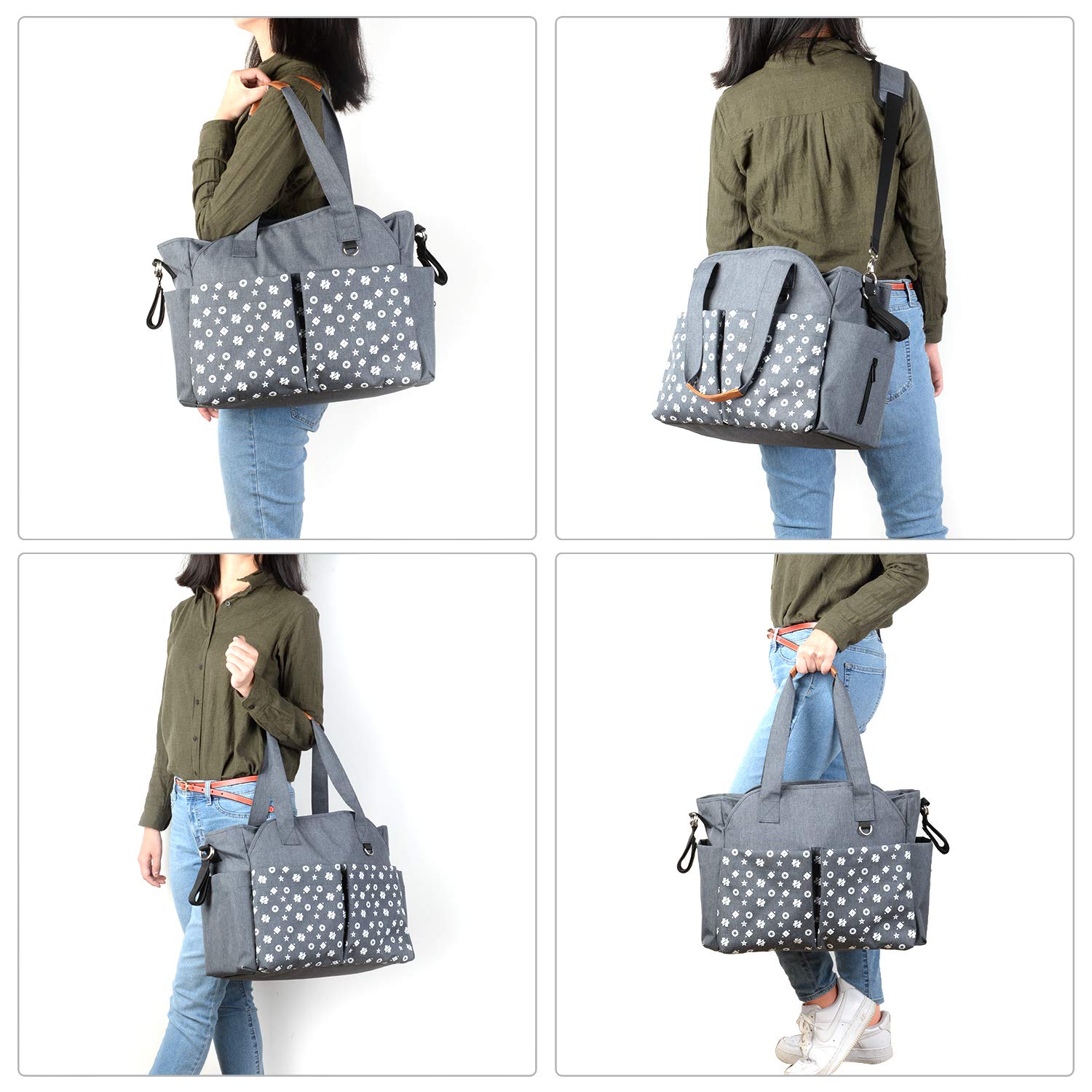 Homlynn Diaper Tote Bag, Baby Changing Satchel Bag Messenger Weekender with 12 Pockets and Stroller Straps for All Baby Accessories (Classic Grey)