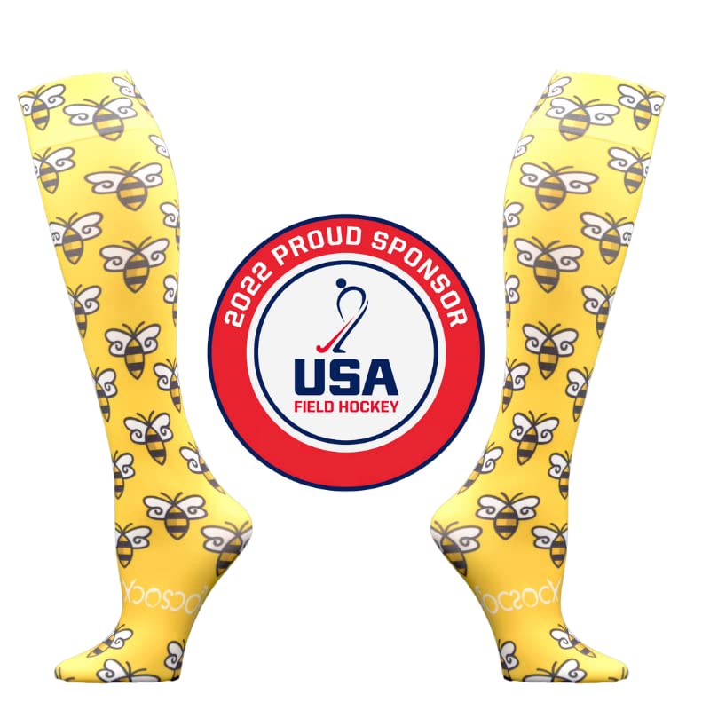 Hocsocx Bee Happy Under Sock Rash Guards for Soccer Ice & Field Hockey Moisture Wicking Liners for Hiking Skiing | (Small) Youth