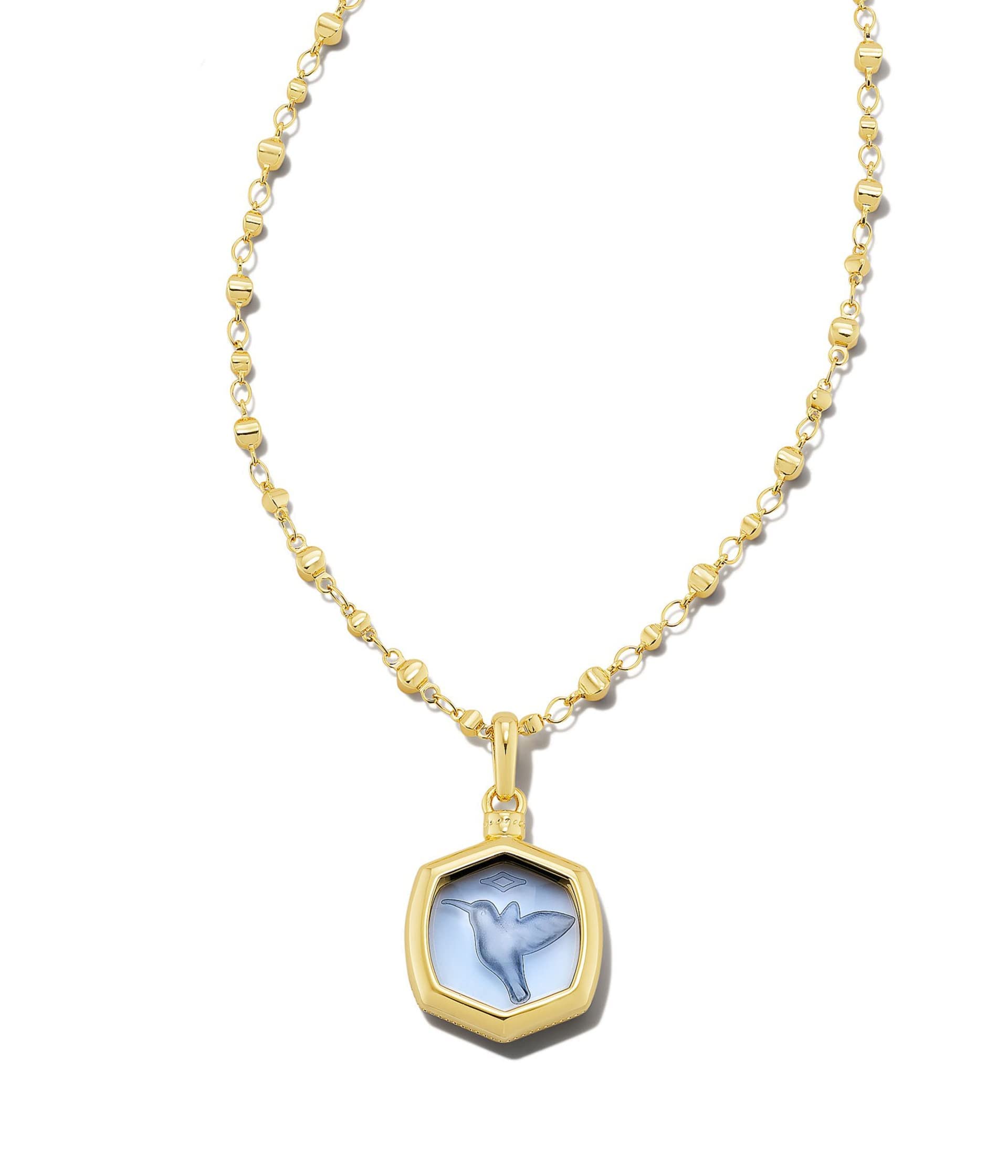 Kendra Scott Davie Intaglio Pendant Necklace Gold Light Sky Blue Glass Hummingbird One Size