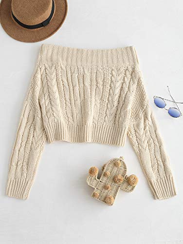 ZAFUL Women Off Shoulder Cable Knit Crop Tops Sweater Long Sleeve Cropped Pullover Sweaters Batwing Jumper