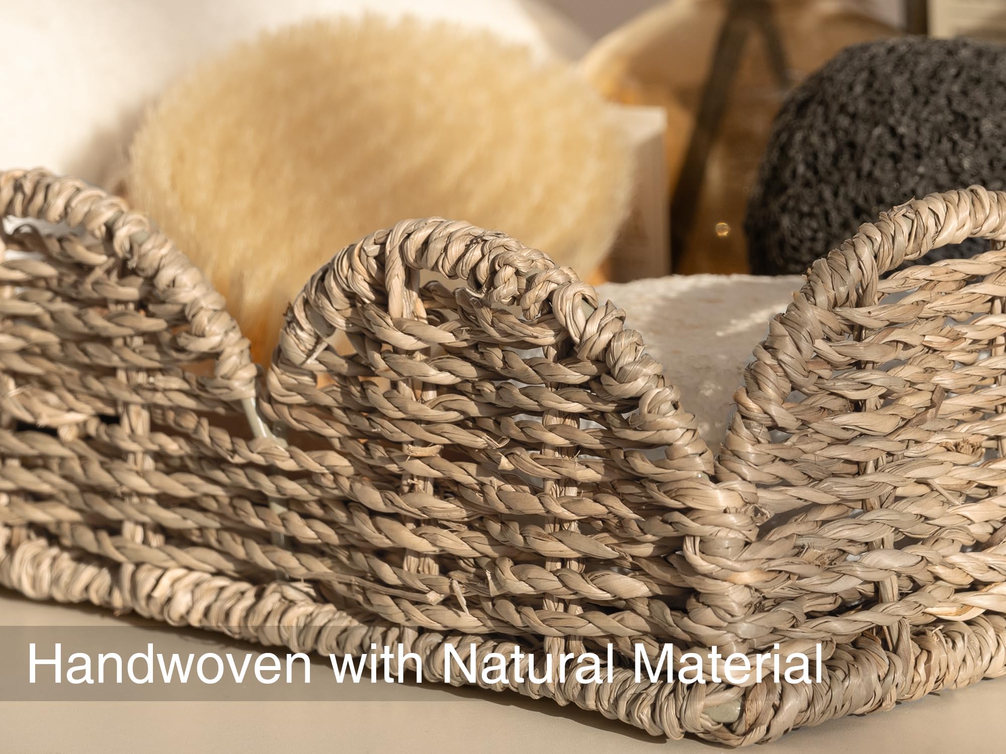 StorageWorks Scalloped Tray, Wicker Rattan Serving Tray with Handles, Woven Rectangle Seagrass Tray, Scalloped Basket Table Décor Trays, Rattan Basket Tray for Ottoman Decorative and Organizer Trays