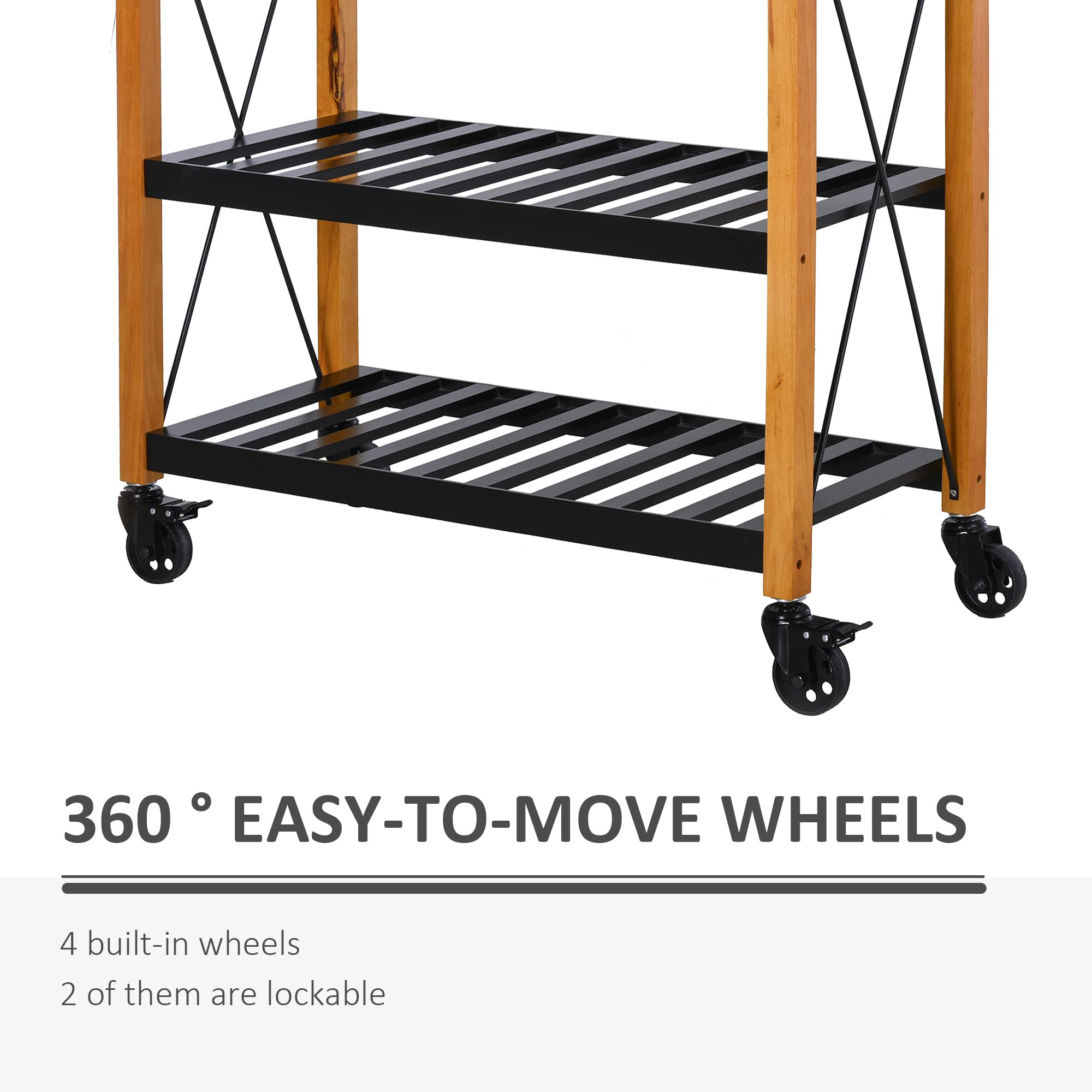 HOMCOM 46" Kitchen Island Cart Rolling Utility Cart with 2 Drawers, Open Storage Shelves & Handle Racks