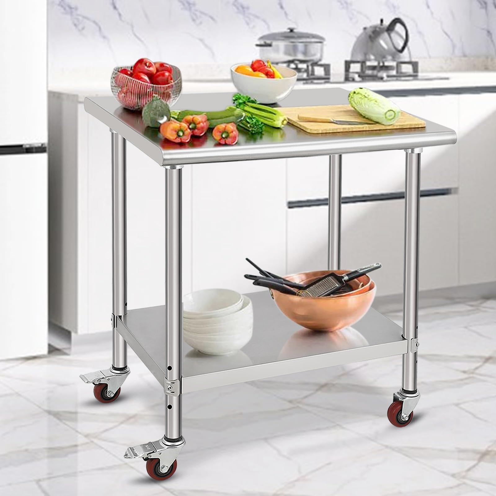 Stainless Steel Table for Prep & Work with Casters Wheel - 30"x24"x35", Double Layer with No Back Panel, NSF Certified Work Table for Kitchen, Garage, Restaurant, and Commercial Use