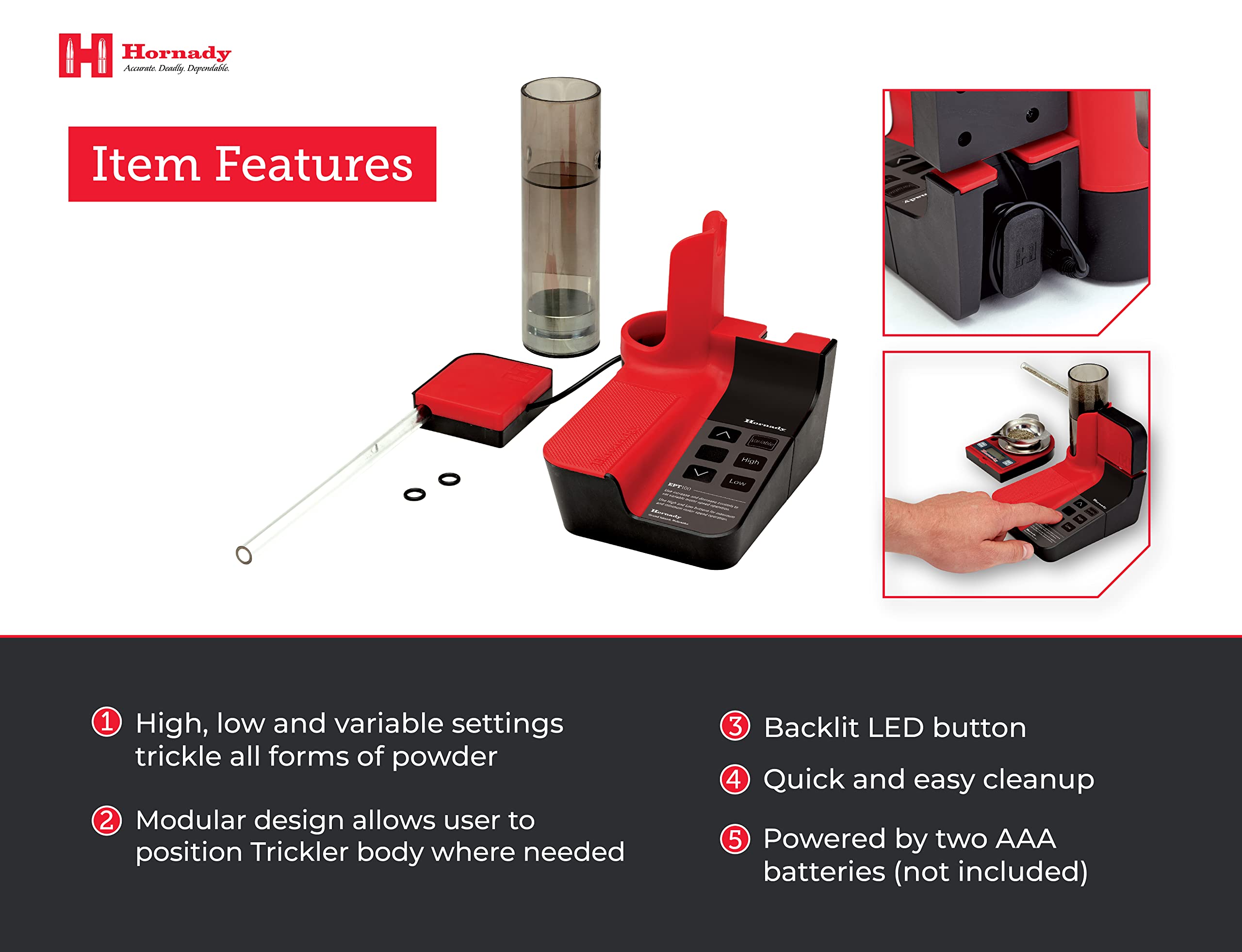 Hornady Vibratory Trickler, 050102 - Save Time and Achieve The Perfect Powder Charge with This Easy to Use Electric Powder Trickler with High, Low, and Variable Settings for All Forms of Powder