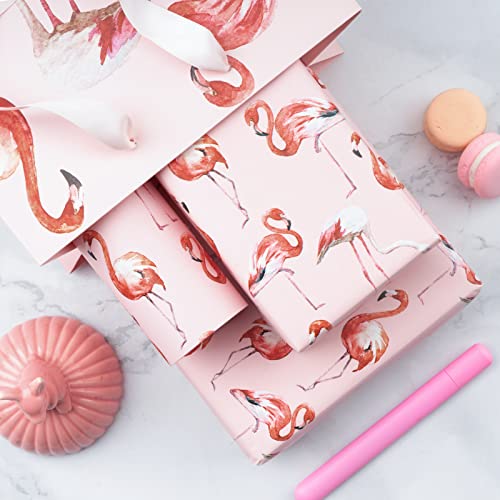 WRAPAHOLIC Reversible Wrapping Paper - Mini Roll - 17 Inch X 33 Feet - Flamingo and Polka Dot Design for Birthday, Holiday, Wedding, Baby Shower