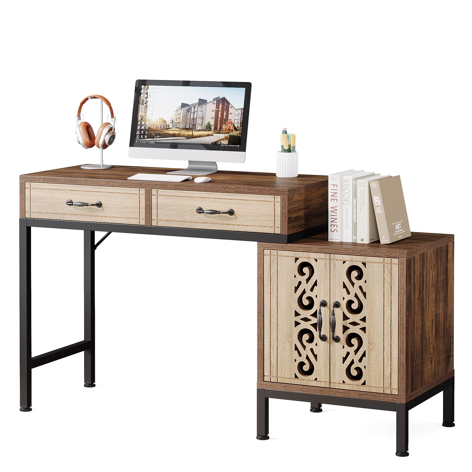 Tribesigns 55-Inch Computer Desk with Drawers, Home Office Desk with Storage Cabinet and Printer Space, Reversible Computer Desk Workstation for Home Office, Bedroom, Wood and Brown