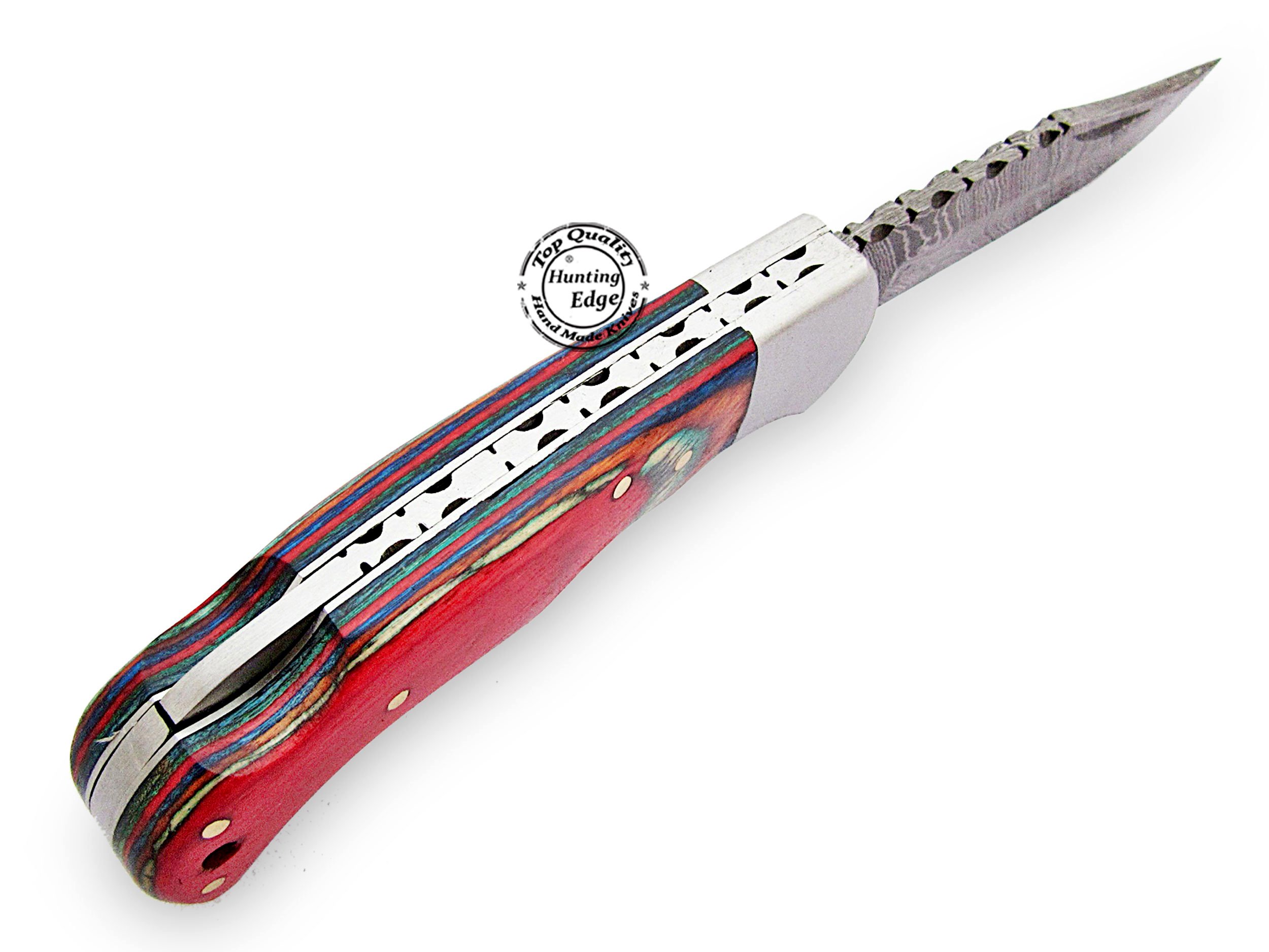 Hunting Edge Multi Colour Wood 6.5'' 100% Handmade Damascus Steel Folding Pocket Knife 100% Prime Quality