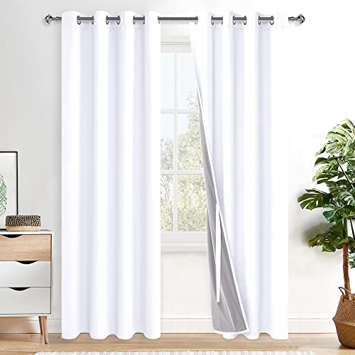 XWZO 100% Blackout Curtains 2 Panels with Tiebacks- Heat and Full Light Blocking Window Treatment with Black Liner for Bedroom/Nursery, Grommet Top，White, W52 x L84 Inches Long, Set of 2