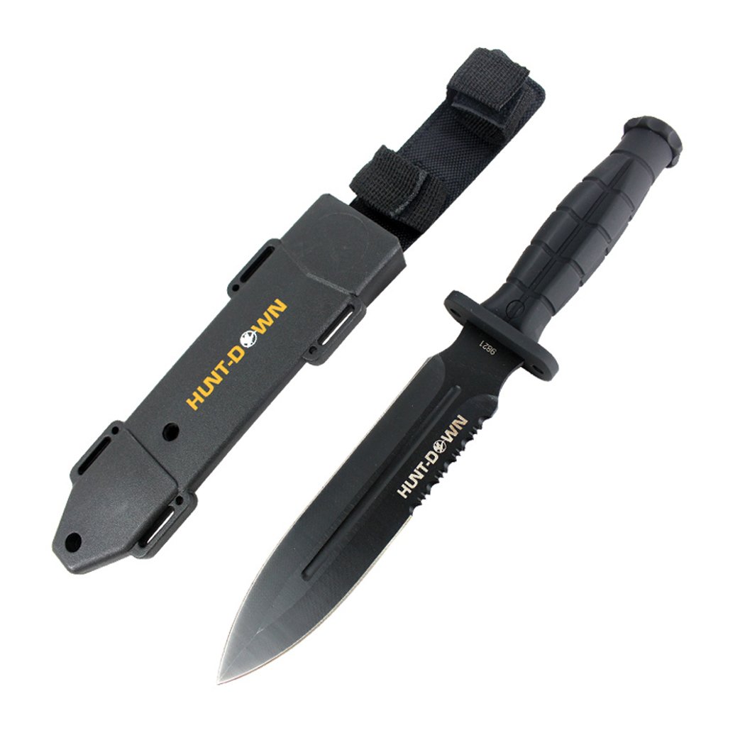 HUNT-DOWN 13" Spear Point Hunting Knife with Plastic Sheath Grenade Design Handle