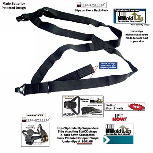 Holdup Black 1 1/2" Hip-Clip Style Under-Ups Suspenders for Men with the Patented Composite plastic Gripper Clasps