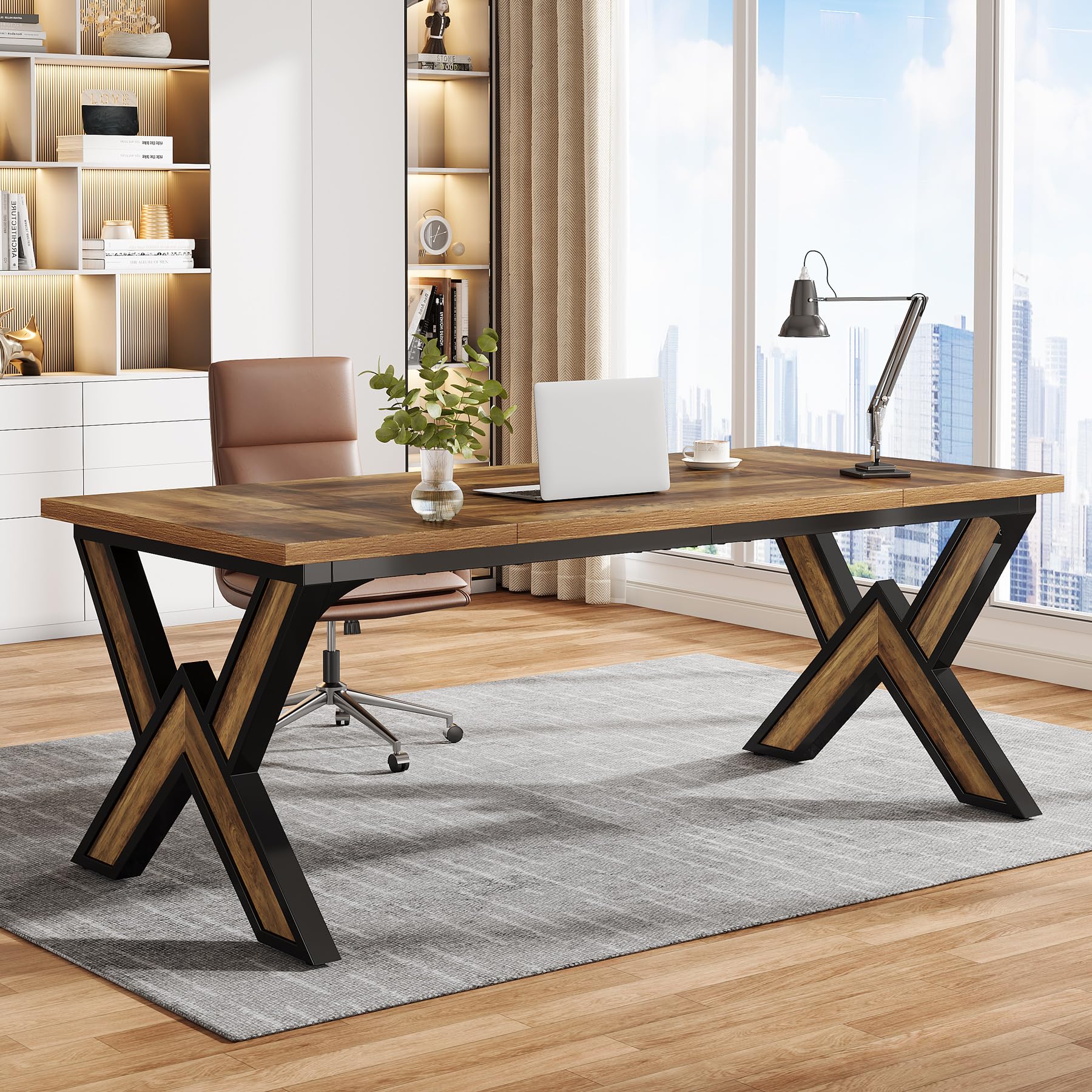 Tribesigns 63 Inches Large Office Desk, Modern Executive Computer Desk with Thickened Frame and Board, Executive Office Desk Workstation Business Office Furniture, Rustic Brown & Black