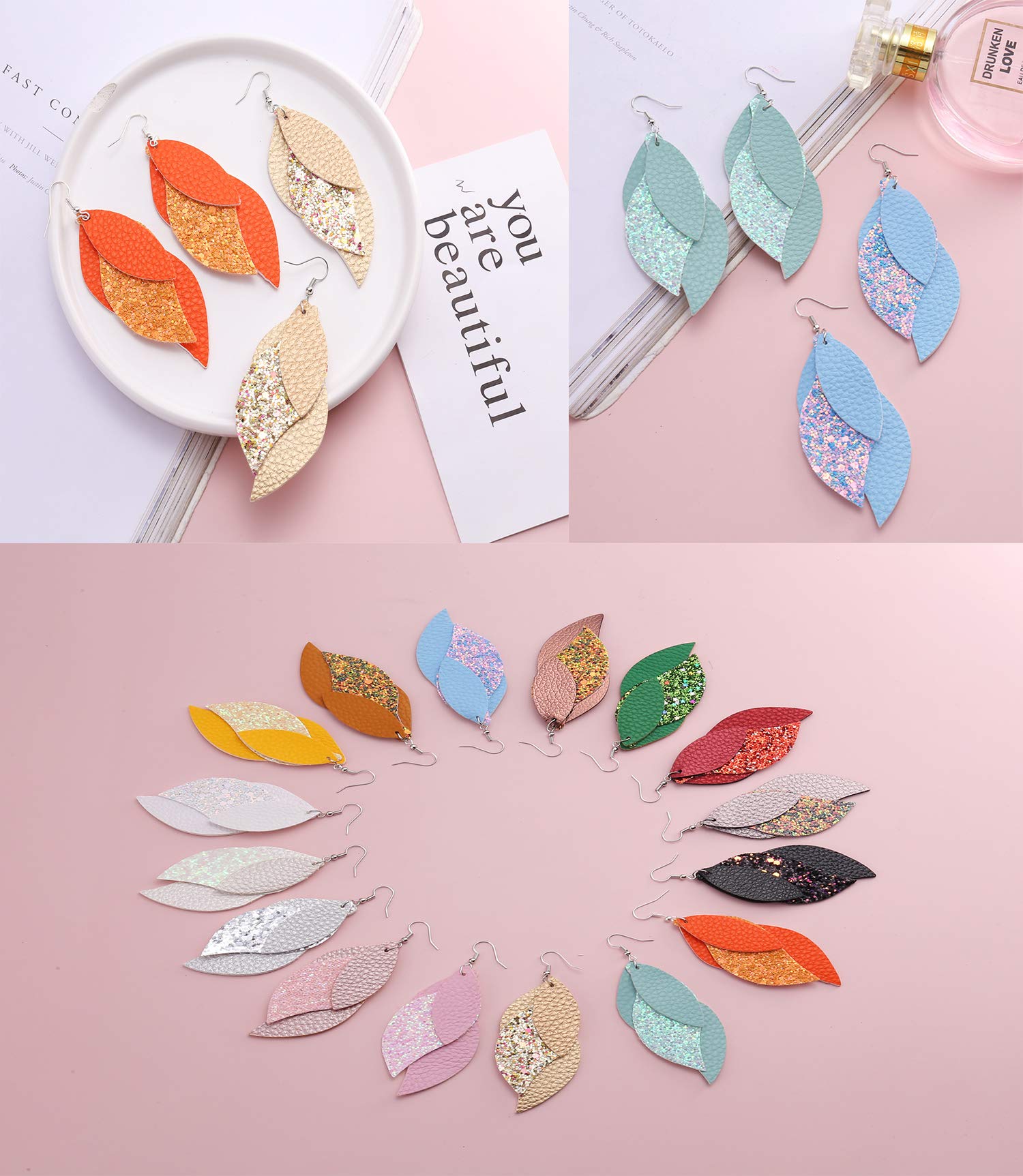 Honsny 16 Pairs Lightweight Leather Earrings for Women 3 Layered Faux Leather Leaf Earrings S Design Drop Dangle Earring Set