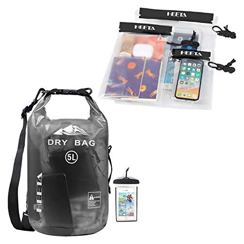 HEETA Waterproof Dry Bag for Women Men Transparent Black 5L Bundle with 3-Pack Clear Waterproof Dry Bag
