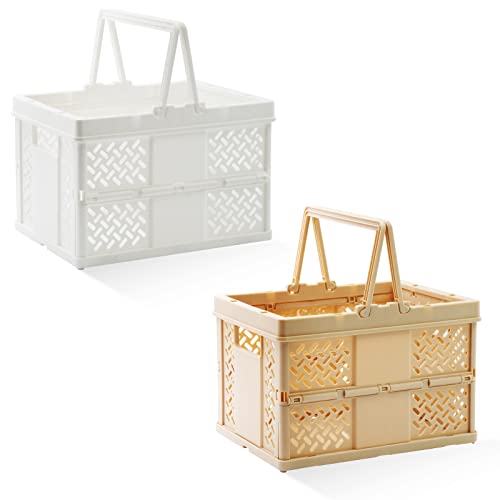 Xhwykzz 2-Pack Small Folding Plastic Baskets with Handles, Pastel Crates for Storage, Colorful Plastic Crates for Desktop Drawer Shelf Organizers (7.3x5.3x4.9inch) White+Khaki