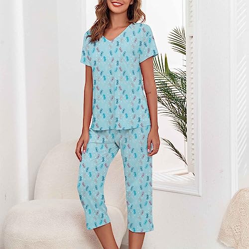 Women Summer Pajamas Soft Sleepwear Top with Capri Pants Ladies Short Sleeve Cotton Pajamas Sets Blue Butterfly X-Large