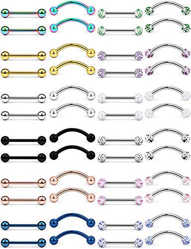 Hoeudjo 48PCS 16G Straight & Curved Barbells Snake Eyes Tongue Rings Surgical Steel Nipple Ring Nipplerings Piercing Jewelry for Women Men 16MM Silver-Tone Rose Gold Black