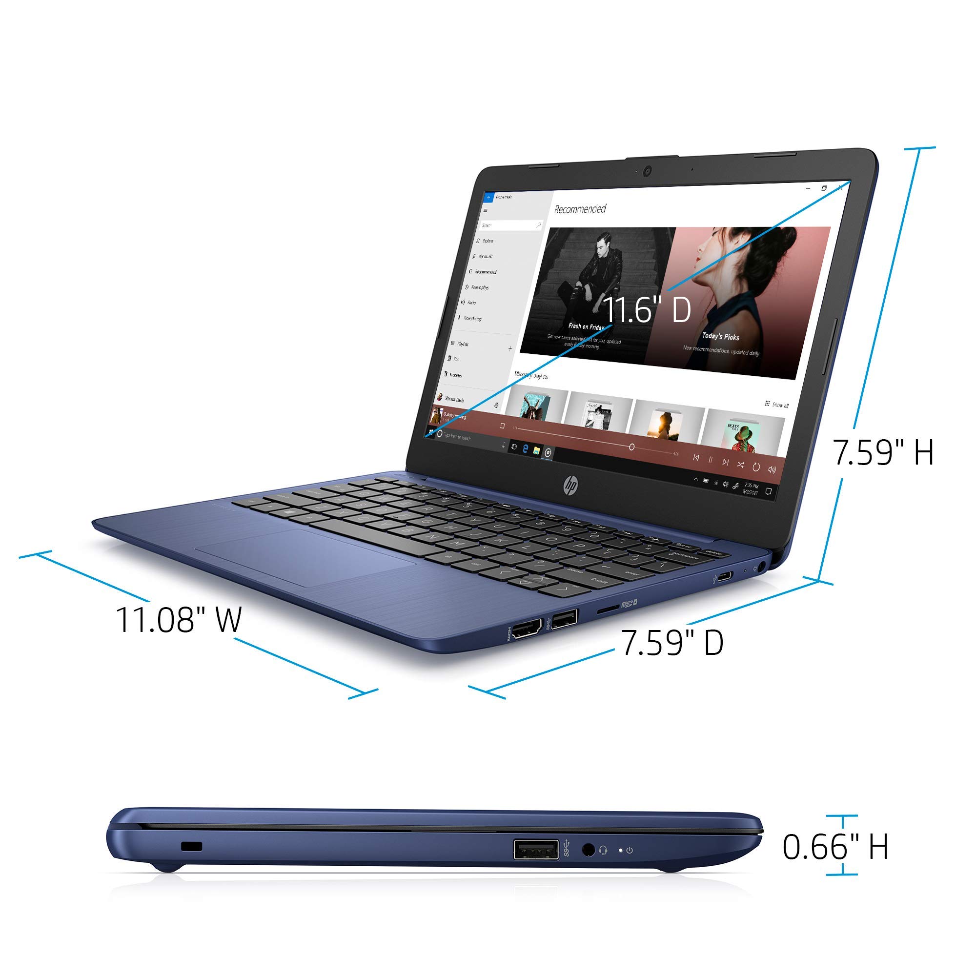 HP Stream 11-inch HD Laptop, Intel Celeron N4000, 4 GB RAM, 32 GB eMMC, Windows 10 Home in S Mode with Office 365 Personal for 1 Year (11-ak0010nr, Royal Blue) (Renewed)
