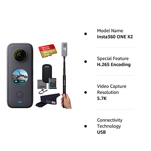 Insta360 ONE X2 360 Camera with Touchscreen - 5.7K30 360 Video, Front Steady Cam Mode, 18MP 360 Photo + InstaPano | Bundle Includes Invisible Selfie Stick (120cm) & 128GB Memory Card (3 Items)