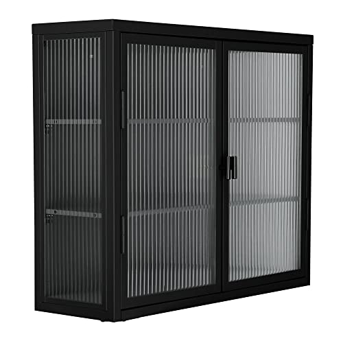 HomSof Haze Double Glass Door Wall Cabinet with Detachable Shelves for Office, Dining Room,Living Room, Kitchen and Bathroom, Black