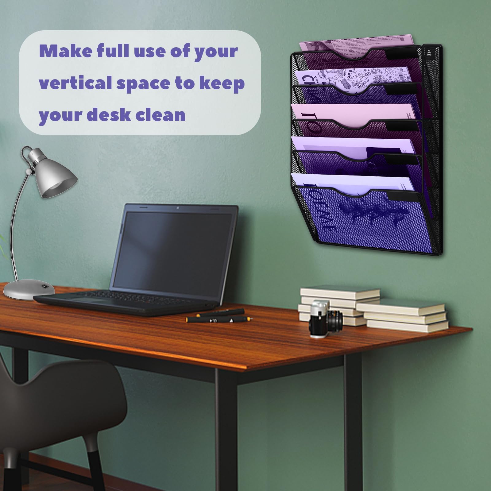 HMXLJJY Wall File Organizer 5 Pockets,Wall Mail Organizer,Vertical Wall Mounted Mesh Hanging File Holder Organizer,Mail Holder,Paper Organizer,Magazine Rack,Wall Organizer for Office Home(Black)