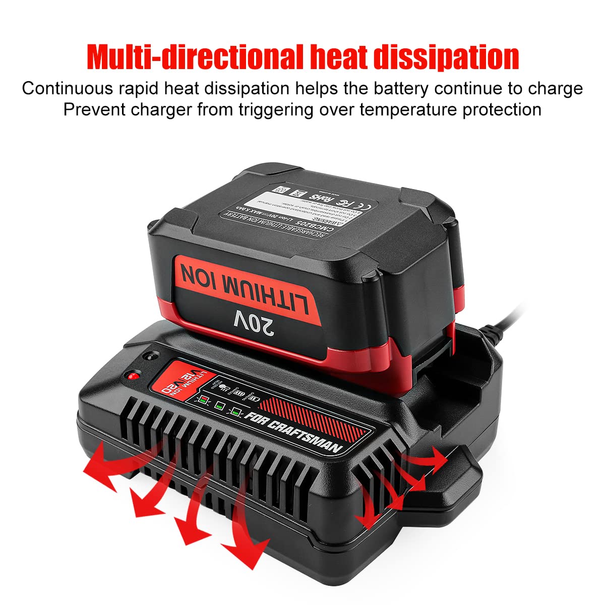 Powilling 20V MAX Battery Charger CMCB104 Compatible with Craftsman V20 Lithium Battery CMCB204 CMCB202 CMCB201 CMCB209 CMCB205 CMCB100 CMCB102 CMCB101 (Only for V12/V20 Series)
