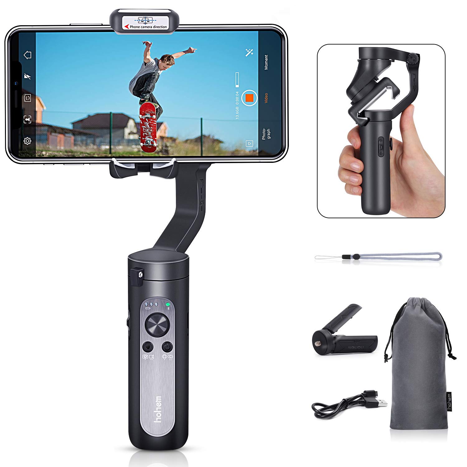 Hohem iSteady X Gimbal Smartphone Gimbal Stabilizer 3-Axis Gimble Moment Story 270° Roll Inception Mode Compatible with iPhone 14/13/12/11 Mini/Plus/Pro/Max & Android Smartphones (Black)