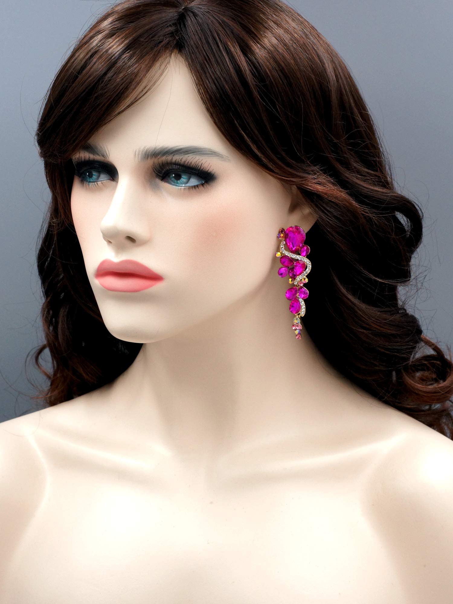 Iris Island Womens Fuchsia Pink Crystal Rhinestone drop Dangle Earrings Gold Plated For Pageant Proms Wedding Party
