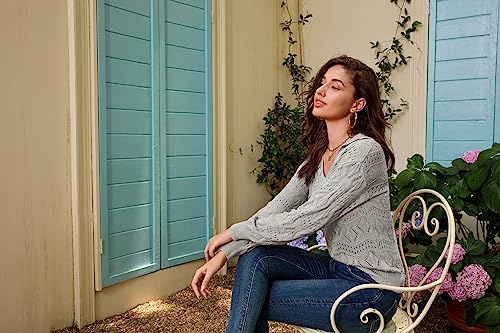 Women's 2023 Fall Lapel Collar V Neck Long Sleeve Knitted Comfy Loose Casual Pullover Sweater Jumper Top Grey L