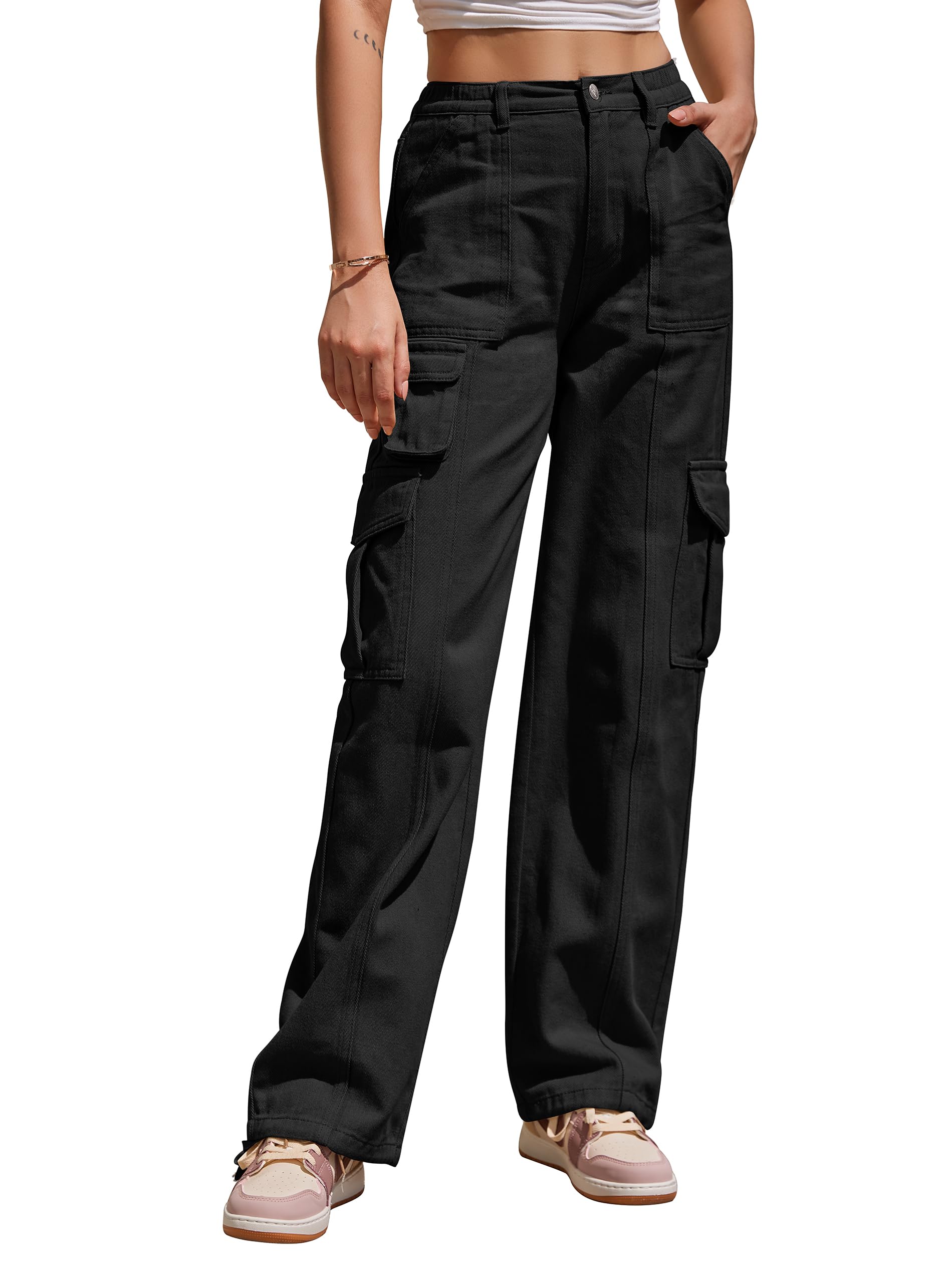 Hiistandd Women's High Waisted Cargo Pants Cotton Wide Leg Casual Pants Combat Military Work Trouser(Black,L)