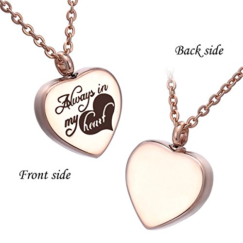 HooAMI Cremation Jewelry Always in My Heart Memorial Urn Necklace Rose Gold Plated