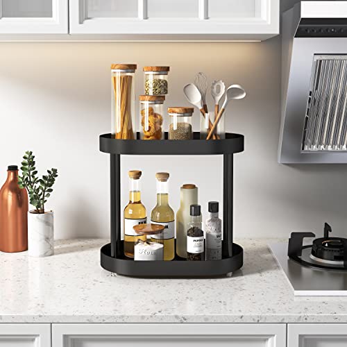 ZEALOTT 2 Tier Bathroom Organizer Countertop, Standing Rack Cosmetic Vanity Tray Kitchen Spice Rack, Stainless Steel Sink Storage Shelf, Black Oval Design