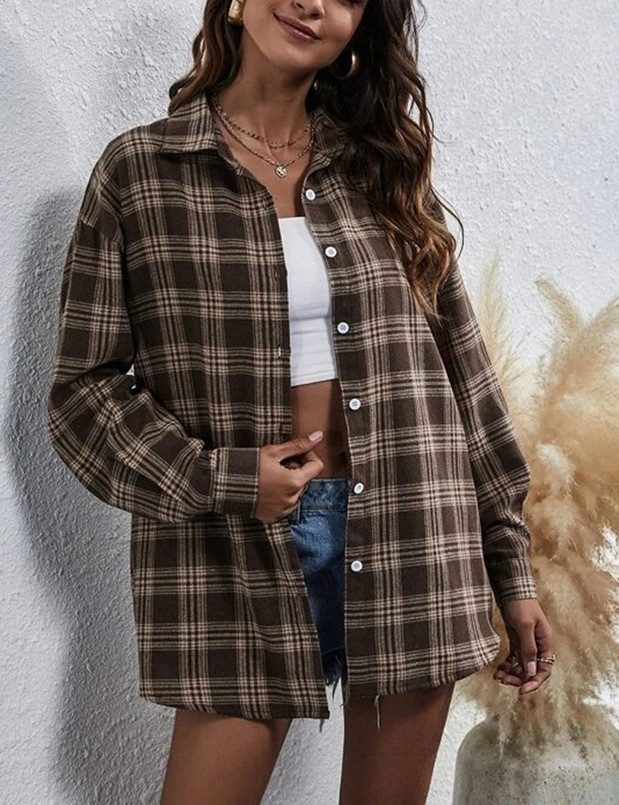 HangNiFang Flannel Shirts for Women Oversized Coffee Plaid Shirts Blouse Tops(0368-Coffee-M)