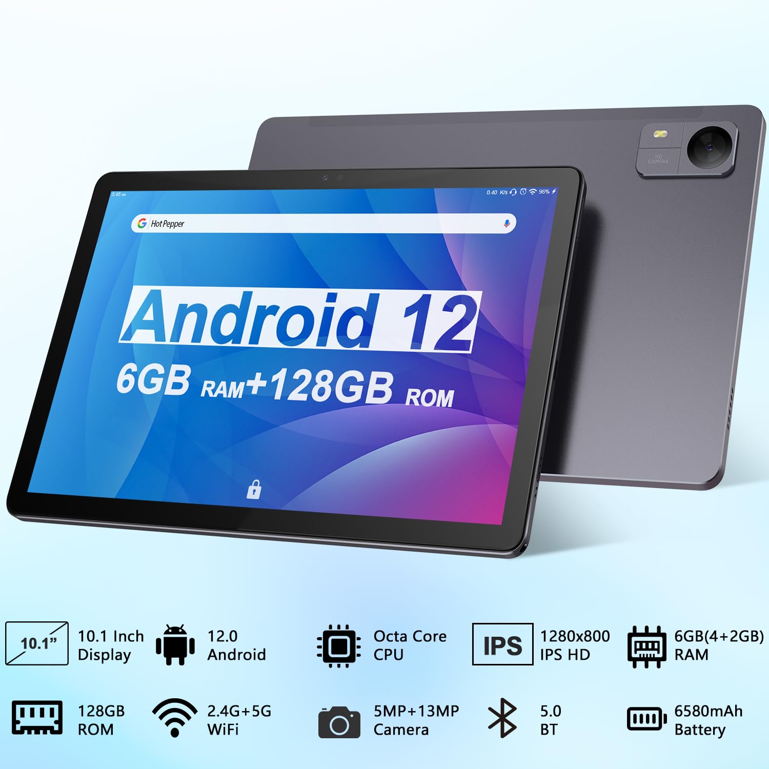 Hot Pepper Android Tablet 10 inch,Android 12 Tablet,6GB RAM 128GB ROM Tablet with 5MP+13MP Dual Camera,1280x800 HD Touch Screen,6580mAh,Octa-Core Tablet for Working,Split Screen Support
