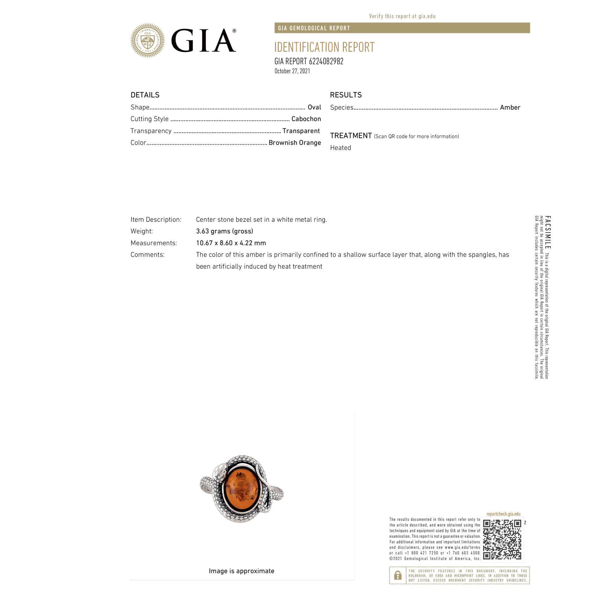 HolidayGiftShops GIA Certified Sterling Silver and Baltic Honey Amber Snake Adult Ring- size 9
