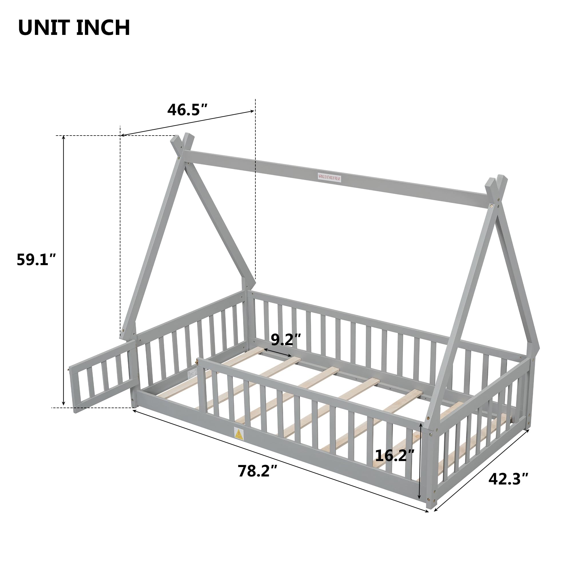 TURRIDU Twin Tent-Shaped Solid Wood Bed with Door & Guardrails,Montessori Floor Bed Frame with Wood Slat Support, Grey Teepee Bed for Toddlers Boys Girls, No Box Spring Needed