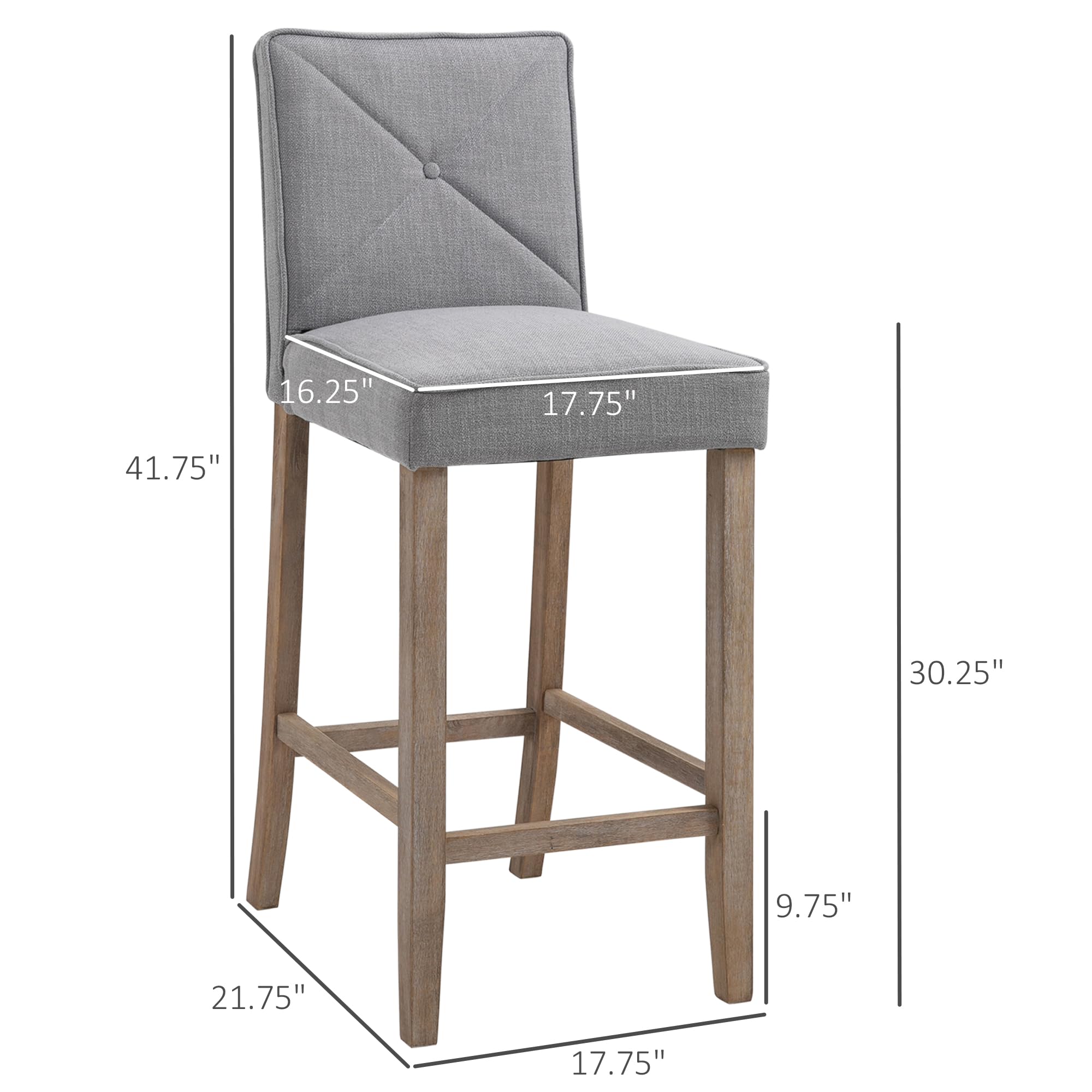 HOMCOM Modern Bar Stools Set of 2, Upholstered Bar Height Kitchen Stools with Build-in Footrest, Solid Wood Legs, Gray