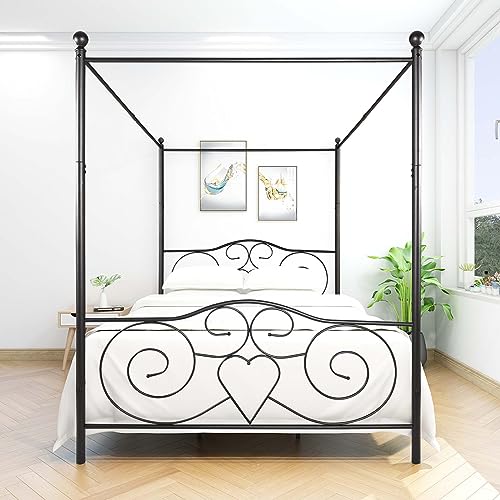 TMEOSK Queen Size Metal Canopy Platform Bed Frame with European Headboard & Footboard, Sturdy Steel Under-Bed Storage Space, No Box Spring Needed for Boys Girls Teens Adults, Four-Poster Canopied Bed