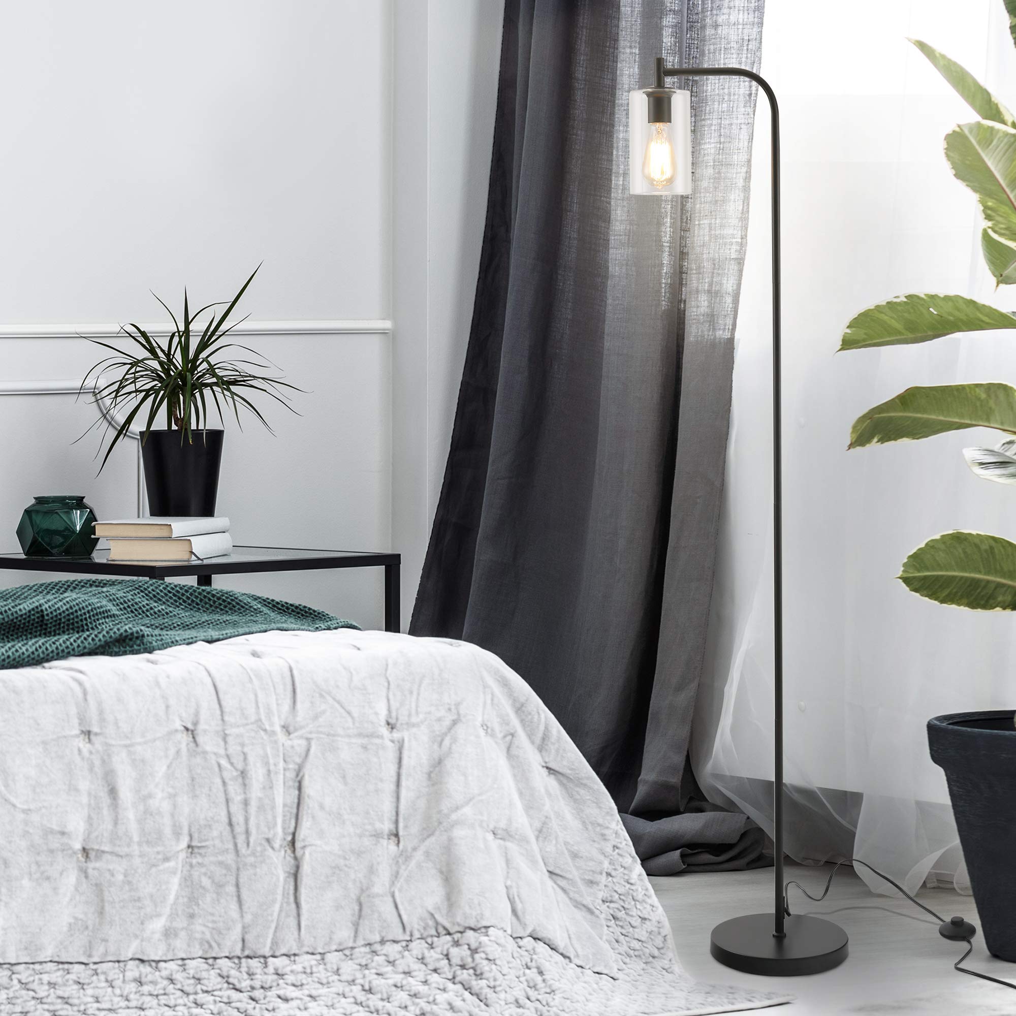 HOMCOM Modern Stylish Tall Pole Floor Lamp, Land Light with Metal Base, Cylindrical Shaped Glass Shade, Black