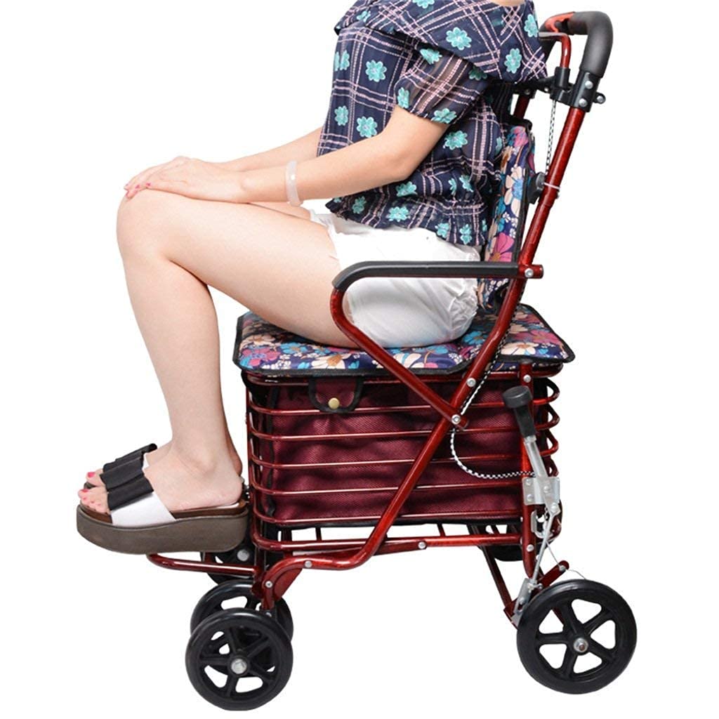 Shopping Trolley on Wheels Multi Function Shopping Cart The Elderly Cart Little Pull Car Elderly Wheelbarrow Can Push to Sit Foldable Walker Four Scooter Storage Hand Trucks,Gold Flower ,Sh