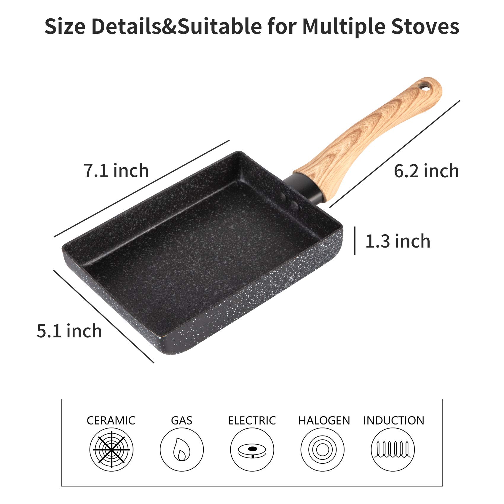 HooJay Japanese Omelette Pan,5"×7" Nonstick Tamagoyaki Egg Pan,Rectangle Small Frying Pan with Silicone Spatula & Brush,Black