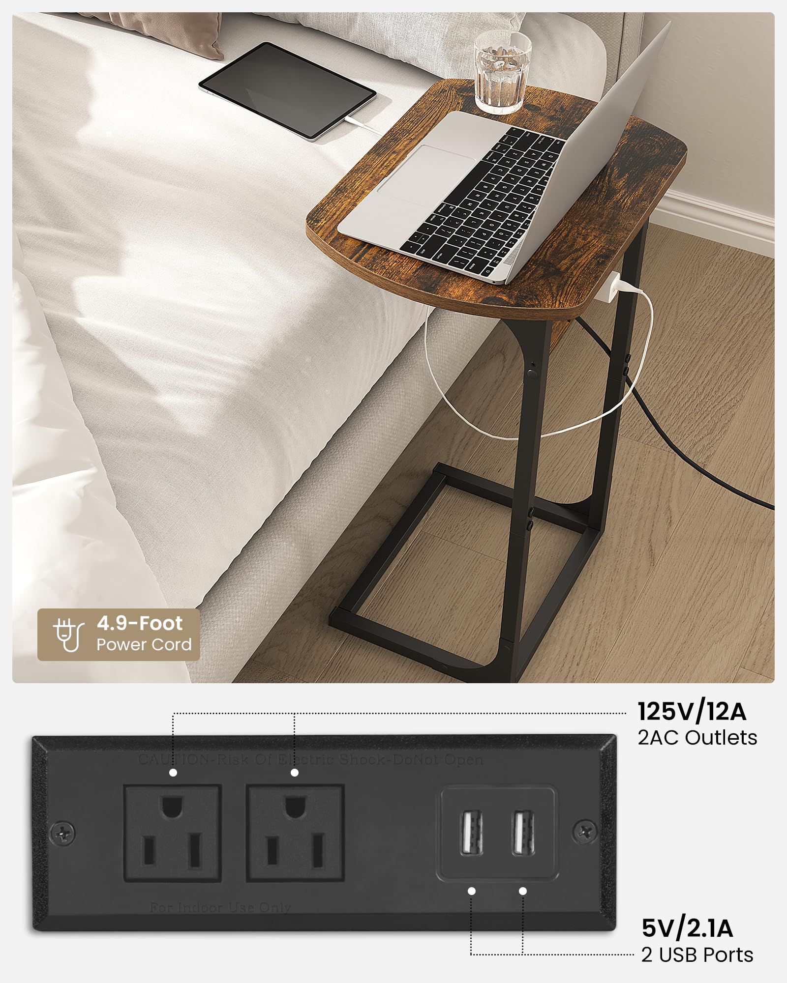 Hzuaneri C Shaped End Table with Charging Station, Bed Side Table with USB Port & Outlet, Couch Table, C Snack Table for Living Room, Bedroom, Rustic Brown and Black ET05101B