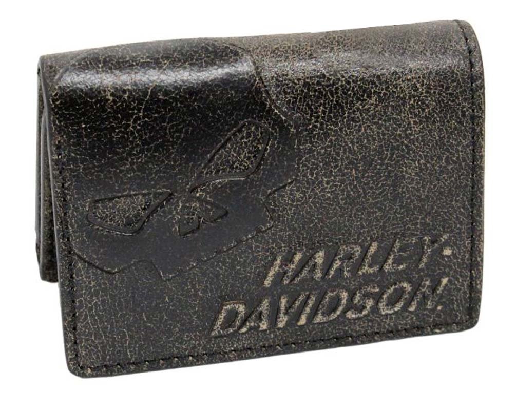 Harley-Davidson Men's Burnished Tri-Fold Skull Wallet Leather BM2647L-TanBlk