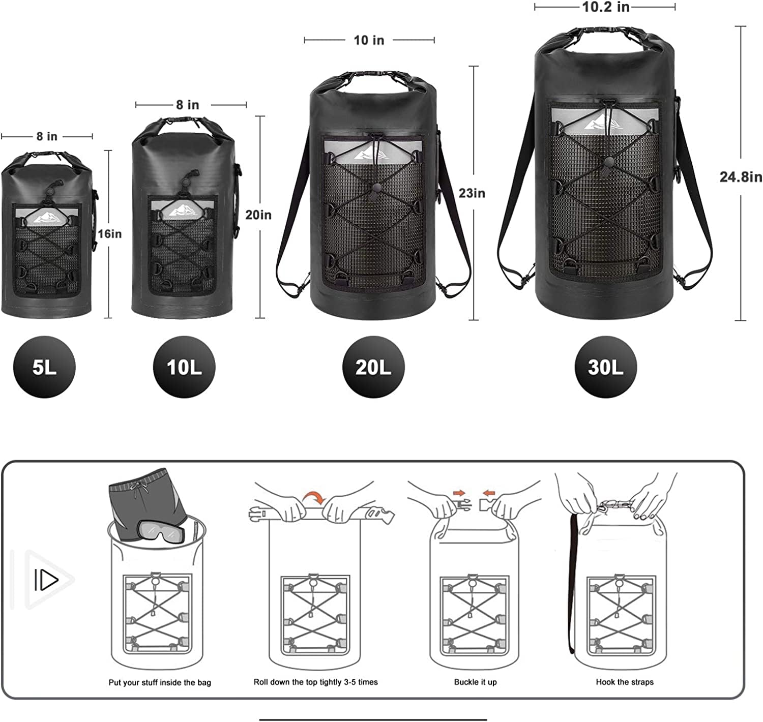 HEETA Waterproof Dry Bag for Women Men(Upgraded Version), 5L/ 10L/ 20L/ 30L Roll Top Lightweight Dry Storage Bag Backpack with Phone Case, Black 10L