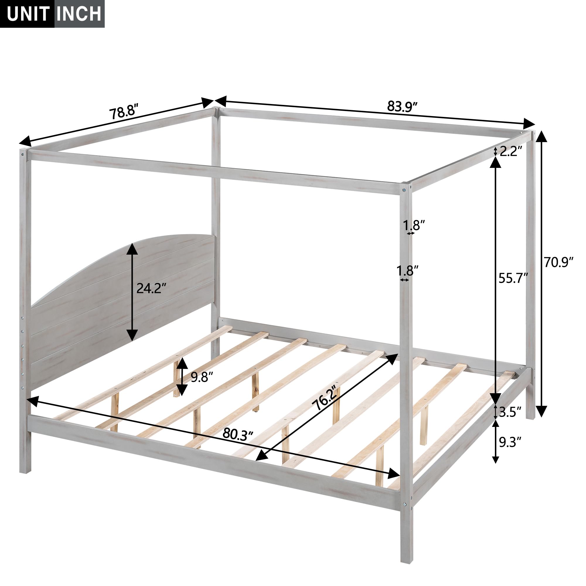 HBRR King Size Canopy Bed, Wood Platform Floor Bed with Headboard and Slat Support Leg, 4 Posters King Bed Frame for Kids Teens Adults, No Box Spring Needed, Grey