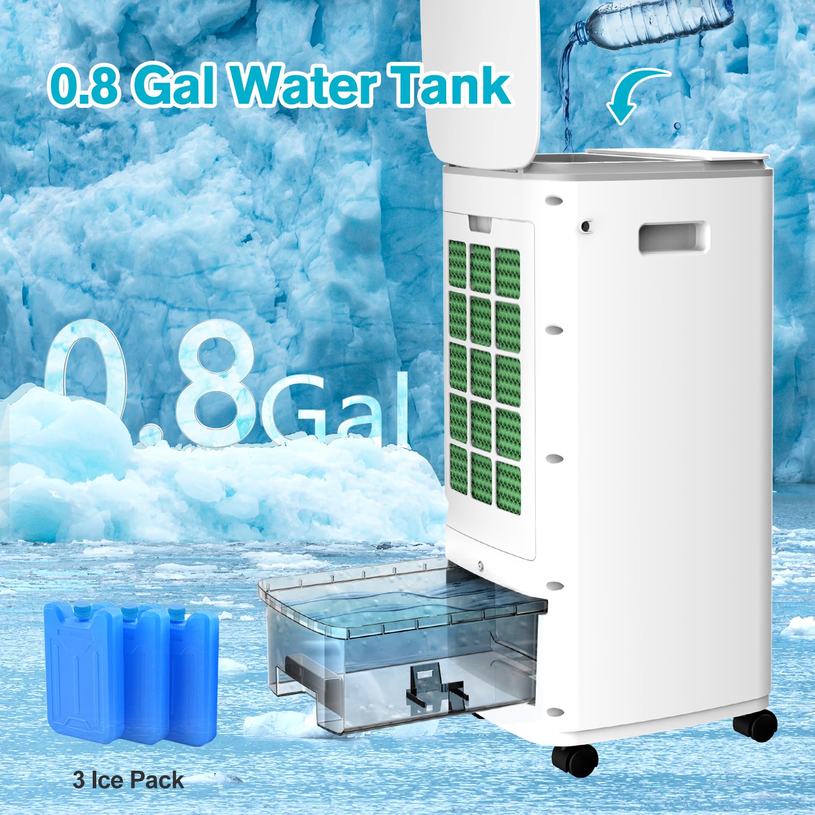 Portable Air Conditioner Ac Unit,BEBEGINE Evaporative Swamp Cooling Fan with Humidifier,3-IN-1 windowless Ventless cooler for Room Offices,Remote,3 Speed,7H Timer,3L Water Tank,3 Ice Pack, Large