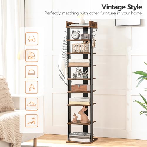 HOOBRO Vertical Shoe Rack, 9 Tier Shoe Storage Organizer with Hooks, Narrow Shoe Rack for 9 Pairs, Space Saving, Stable and Strong, for Entryway, Closet, Bedroom, Rustic Brown BF81XJ01