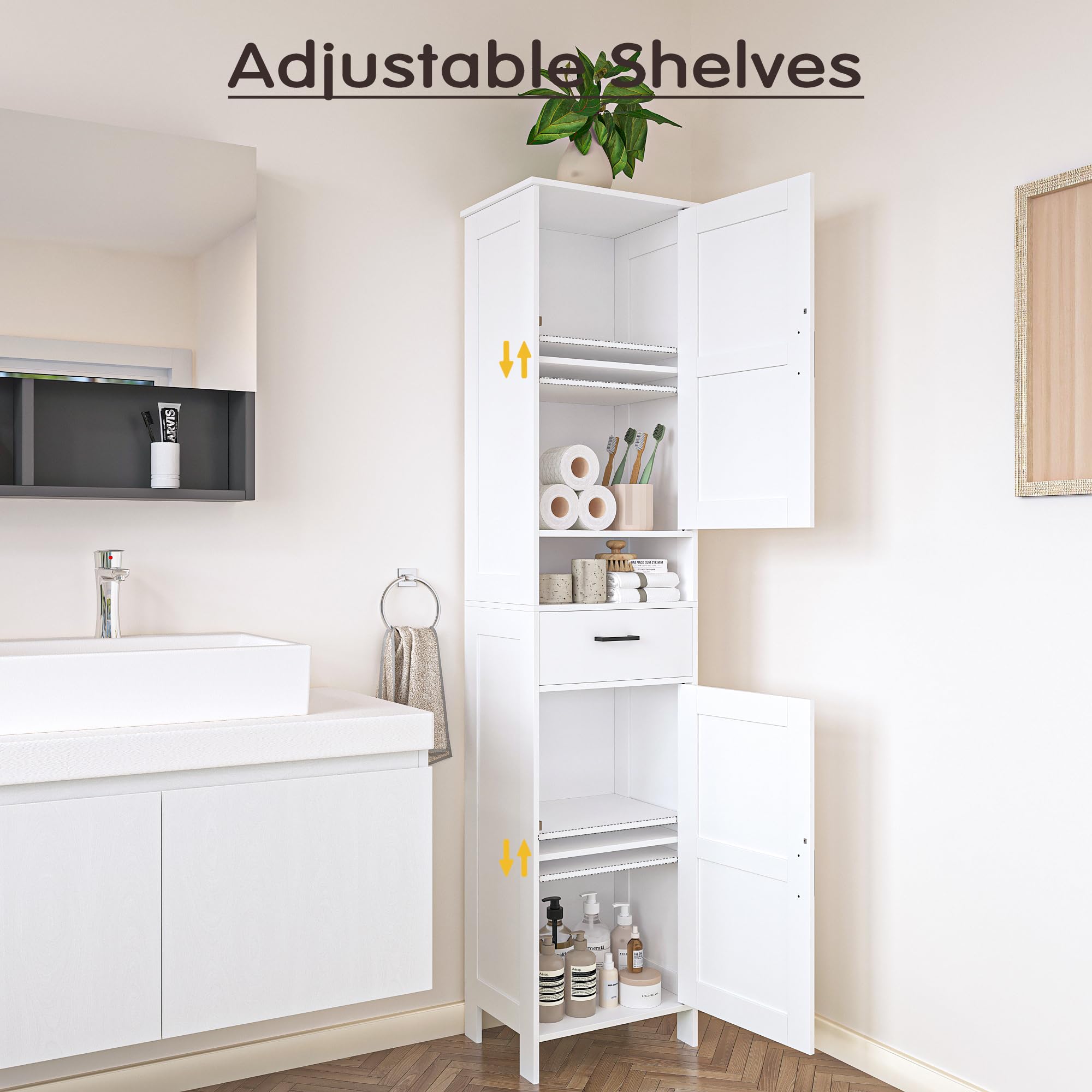 Homhedy 67" H Tall Bathroom Storage Cabinet with 2 Barn Doors and 1 Drawer,Storage Cabinet, Adjustable Shelves,Floor Cabinet for Bathroom, Living Room, Entryway, Kitchen, White