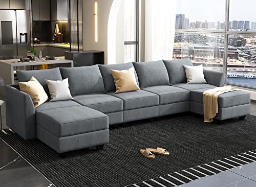 HONBAY Modular Sectional Sofa U Shaped Sectional Souch with Ottoman 7 Seat Modular Sofa with Chaise for Living Room, Bluish Grey