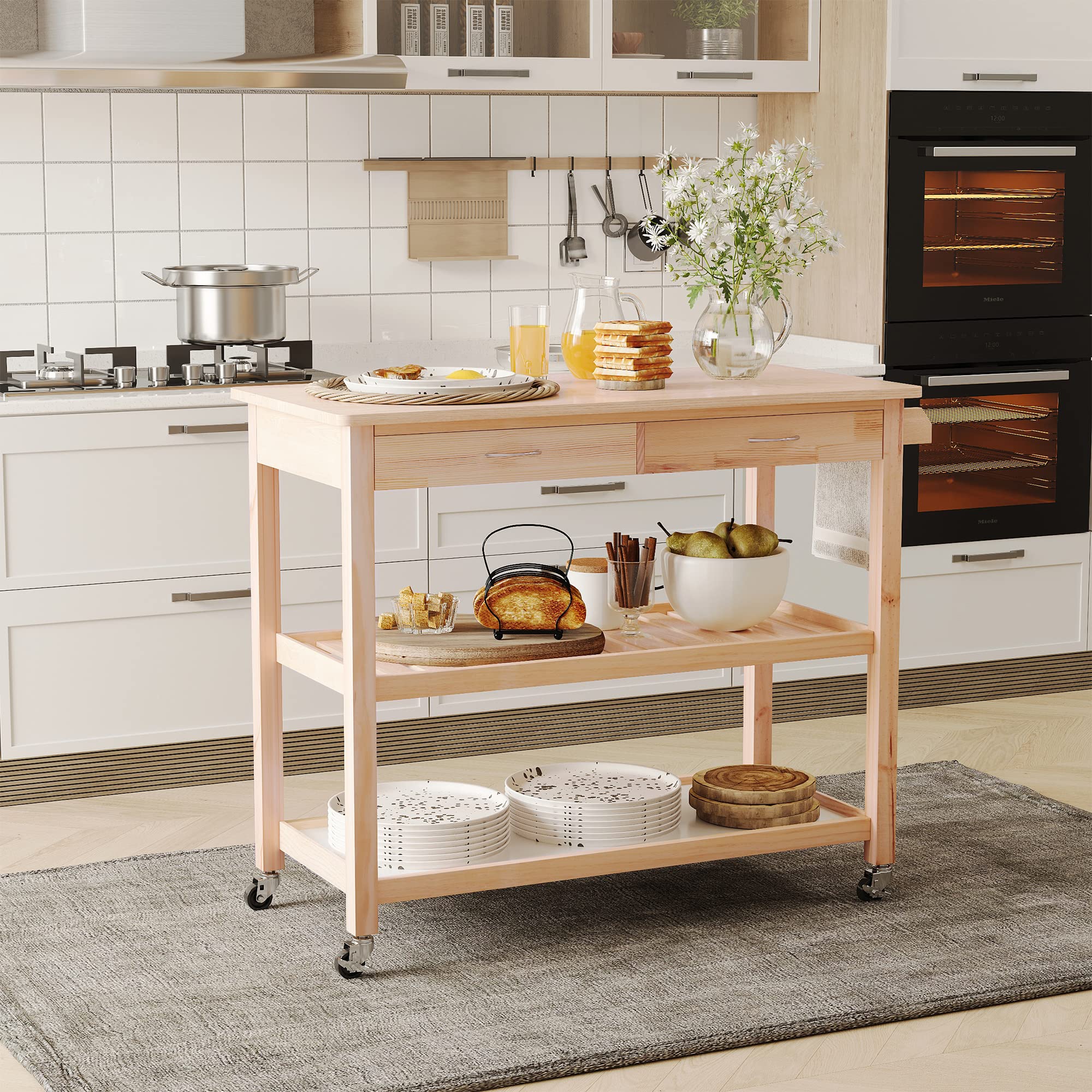 HOMCOM 42" Kitchen Trolley Cart Rolling Island Utility Serving Cart with 2 Drawers and 3-Tier Shelf Pine Wood