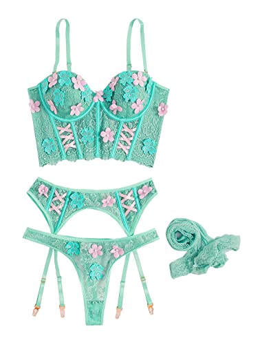 WDIRARA Women's Floral Lace Embroidered Push Up Garter Lingerie Set with Stockings Green L